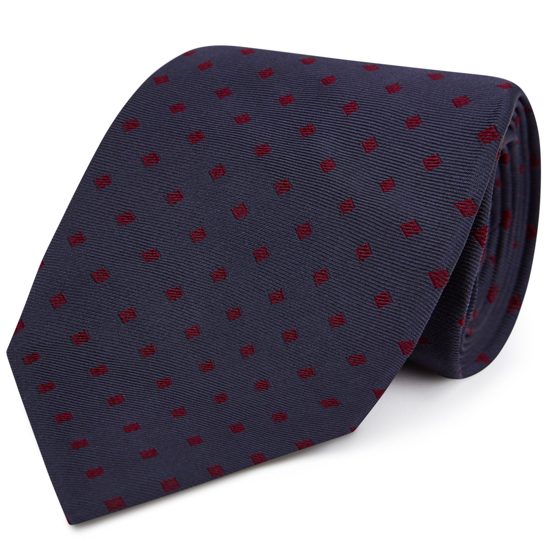 Ede & Ravenscroft | Spot Herringbone Woven Silk Tie | Navy Red