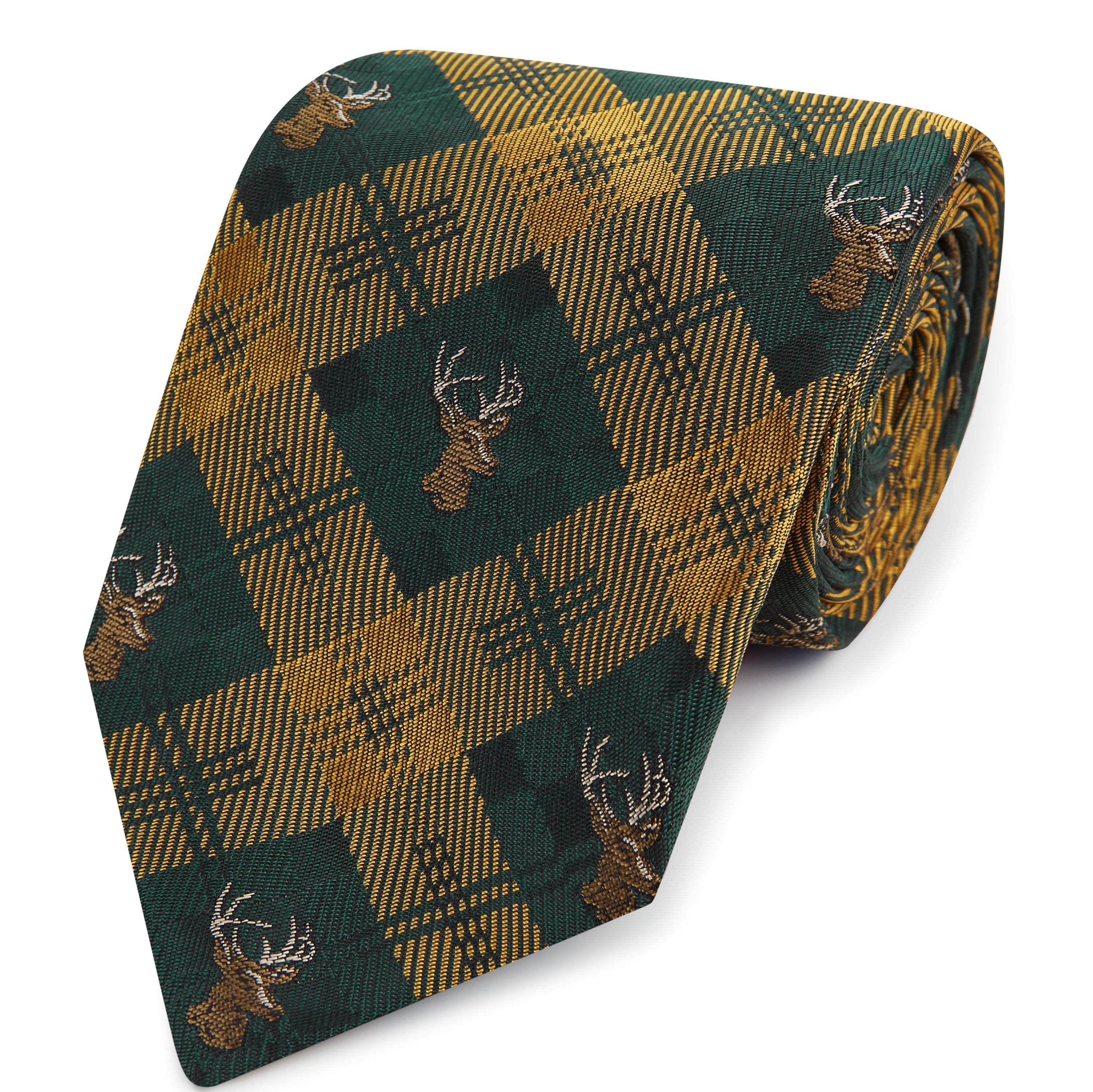 Ede & Ravenscroft | Stag Check Woven Silk Tie | Green Gold