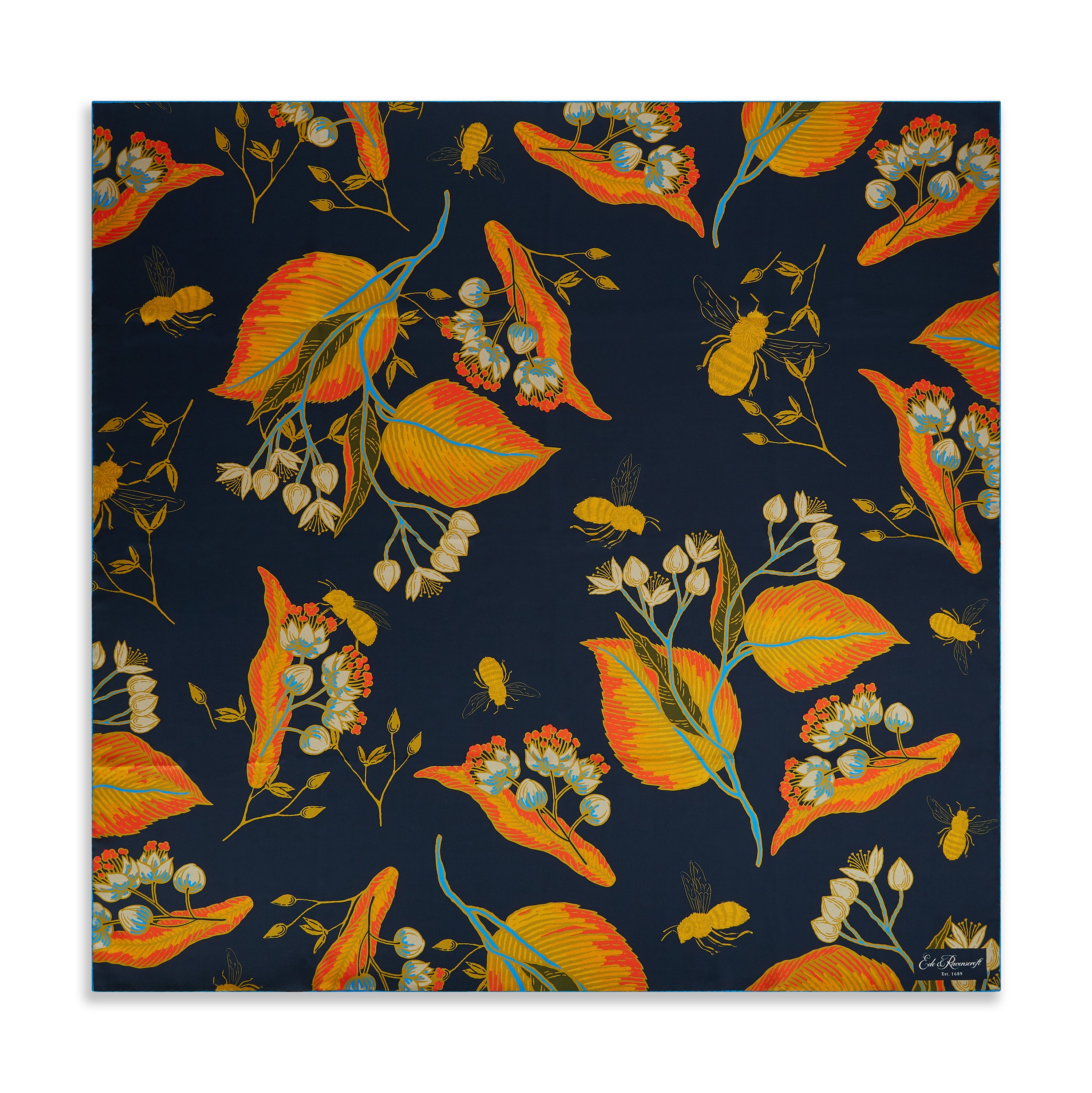 Ede & Ravenscroft | Foliage Bee Silk Square Scarf | Navy
